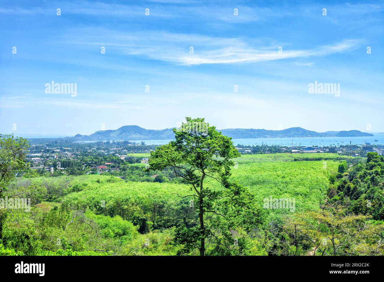 Phuket spring landscape by blue sky. Aerial view of thai islands, sea ...
