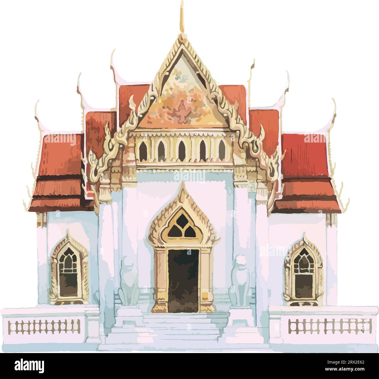 Watercolor style flat drawing of the WAT BENCHAMABOPHIT DUSITVANARAM ...