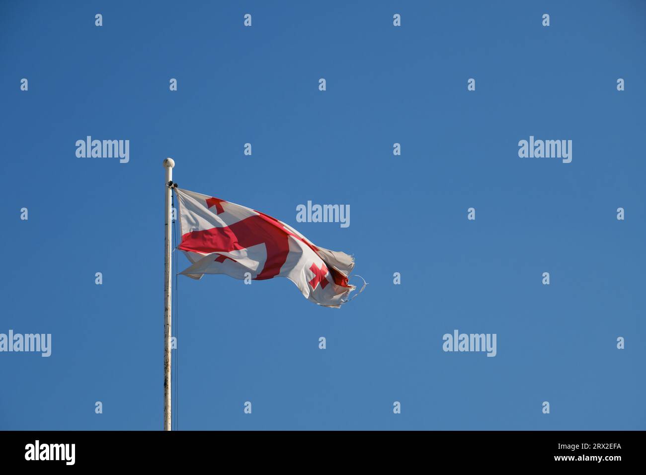 The Georgian flag red cross on a white background flutters in the wind ...