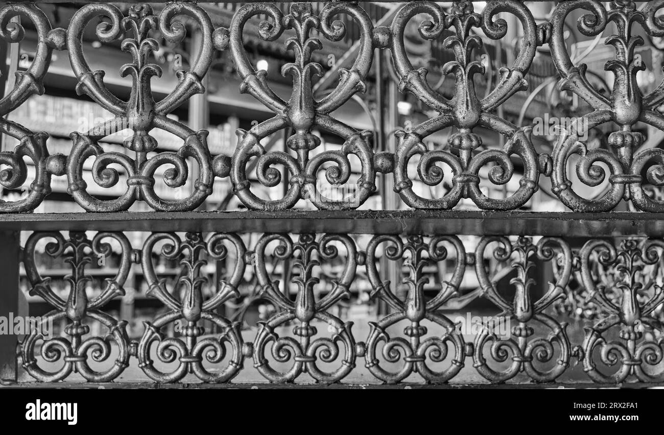 Abstract design on wrought iron rails of a shop staircase, Gaia, Porto ...