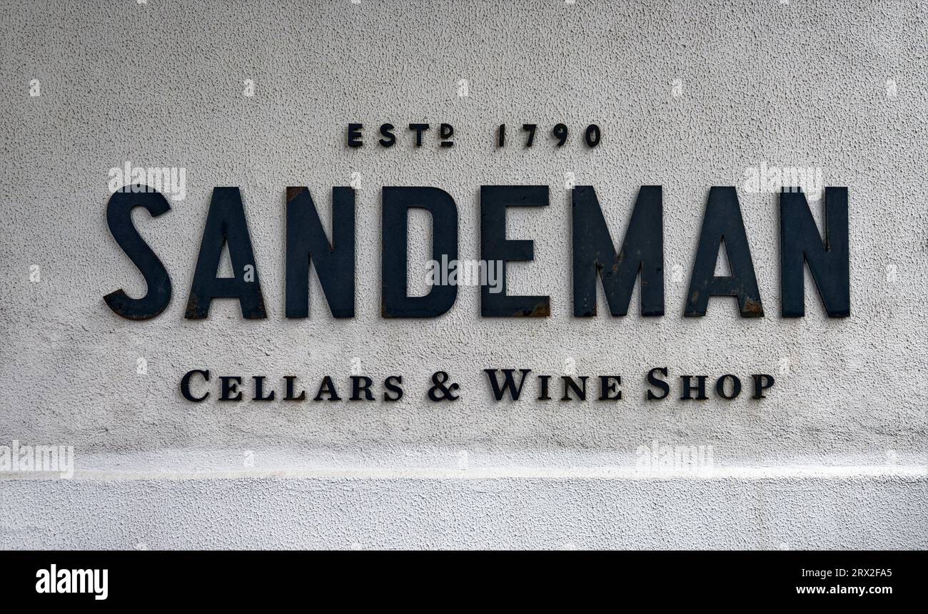 Entry sign for Sandeman Cellars and Wine Shop, fortified port wine in ...