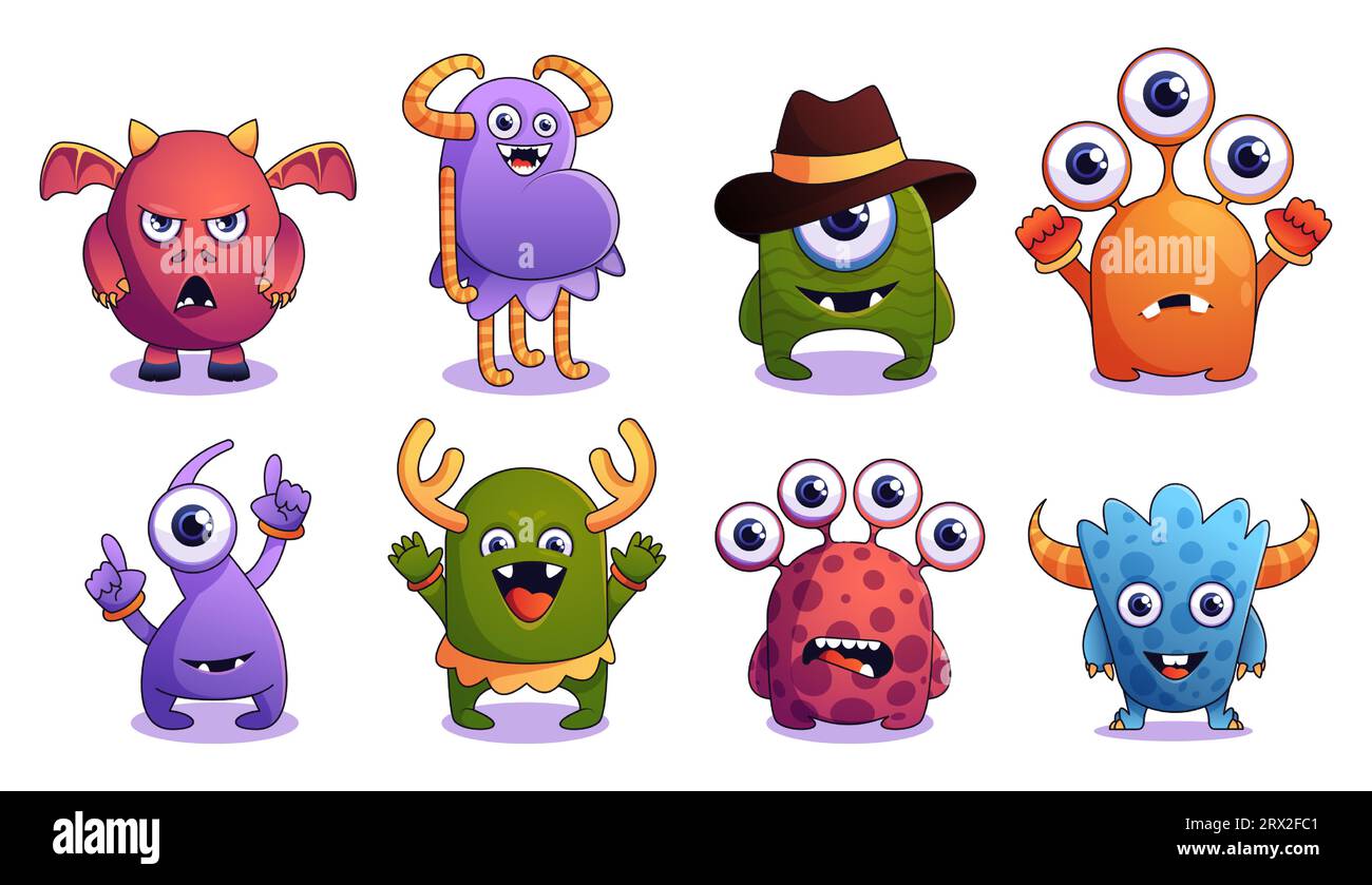 Funny monster collection. Cute comic monster faces funny expressions ...