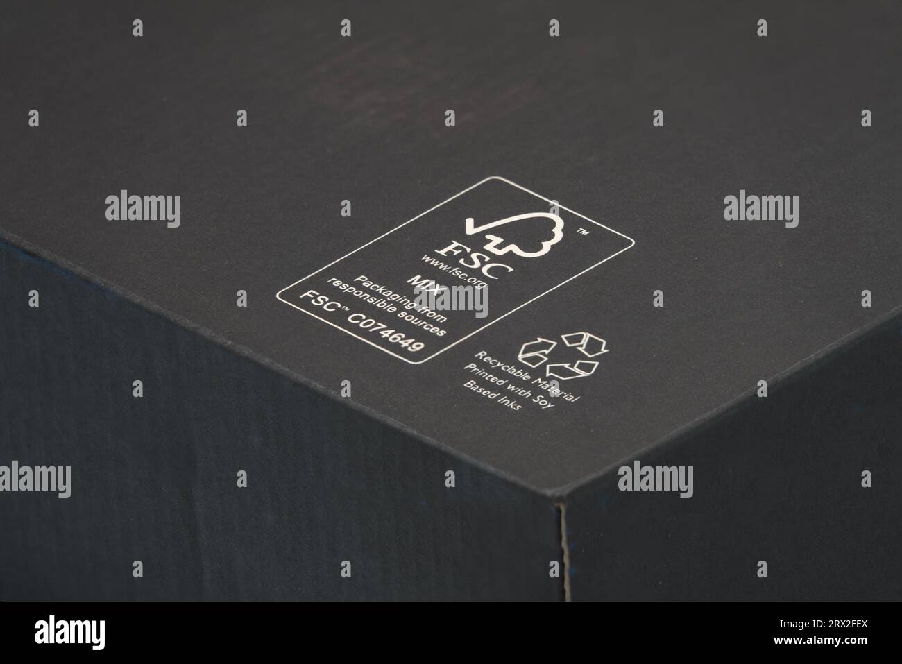 FSC - Forest Stewardship Council - logotype on cardboard package. 100 ...