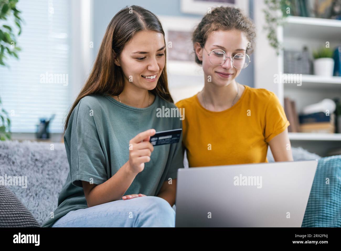 Women Friends Do Shopping Online Stock Photo - Alamy