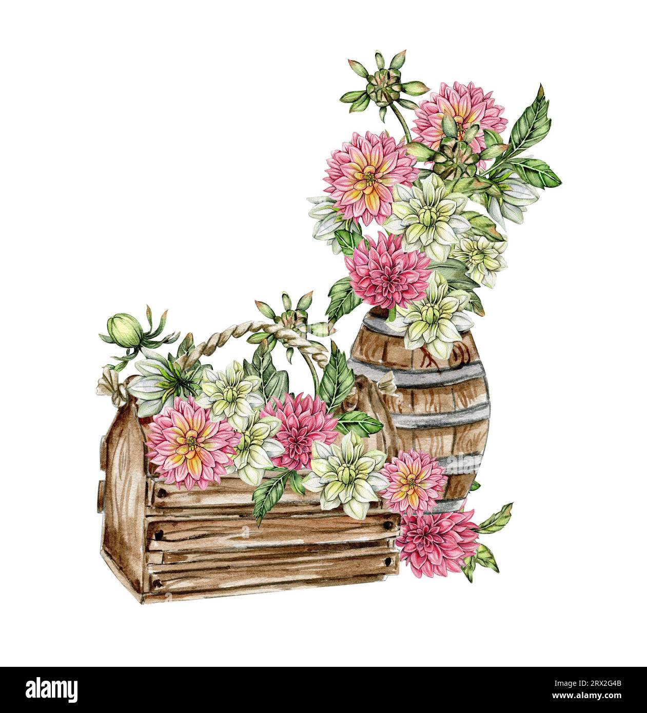 Watercolor rusty old elements and dahlia composition. Hand drawn ...