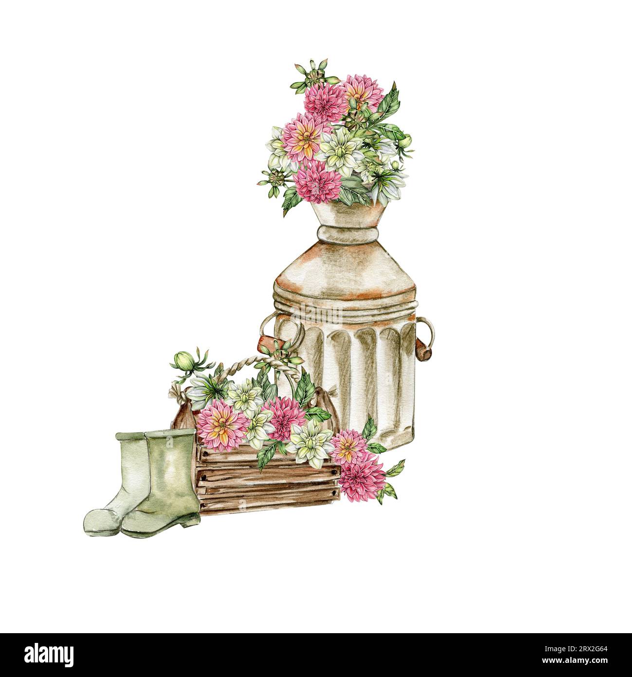 Watercolor rusty old elements and dahlia composition. Hand drawn ...