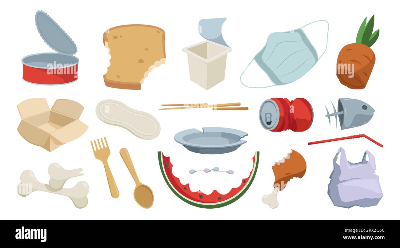 Waste collection. Cartoon recycle waste plastic glass and paper ...