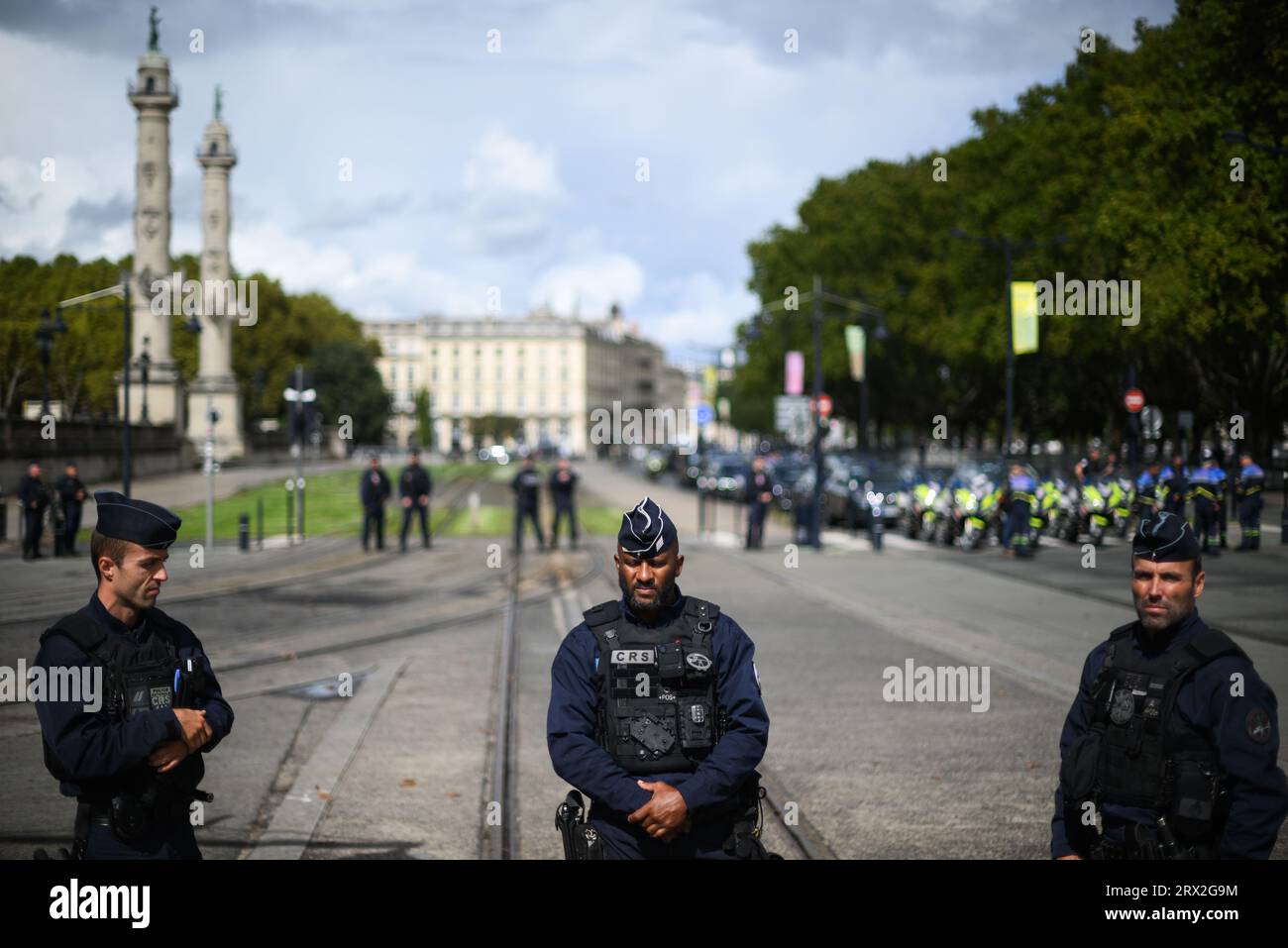 French CRS Police line the streets at Place de la Bourse ahead of the ...