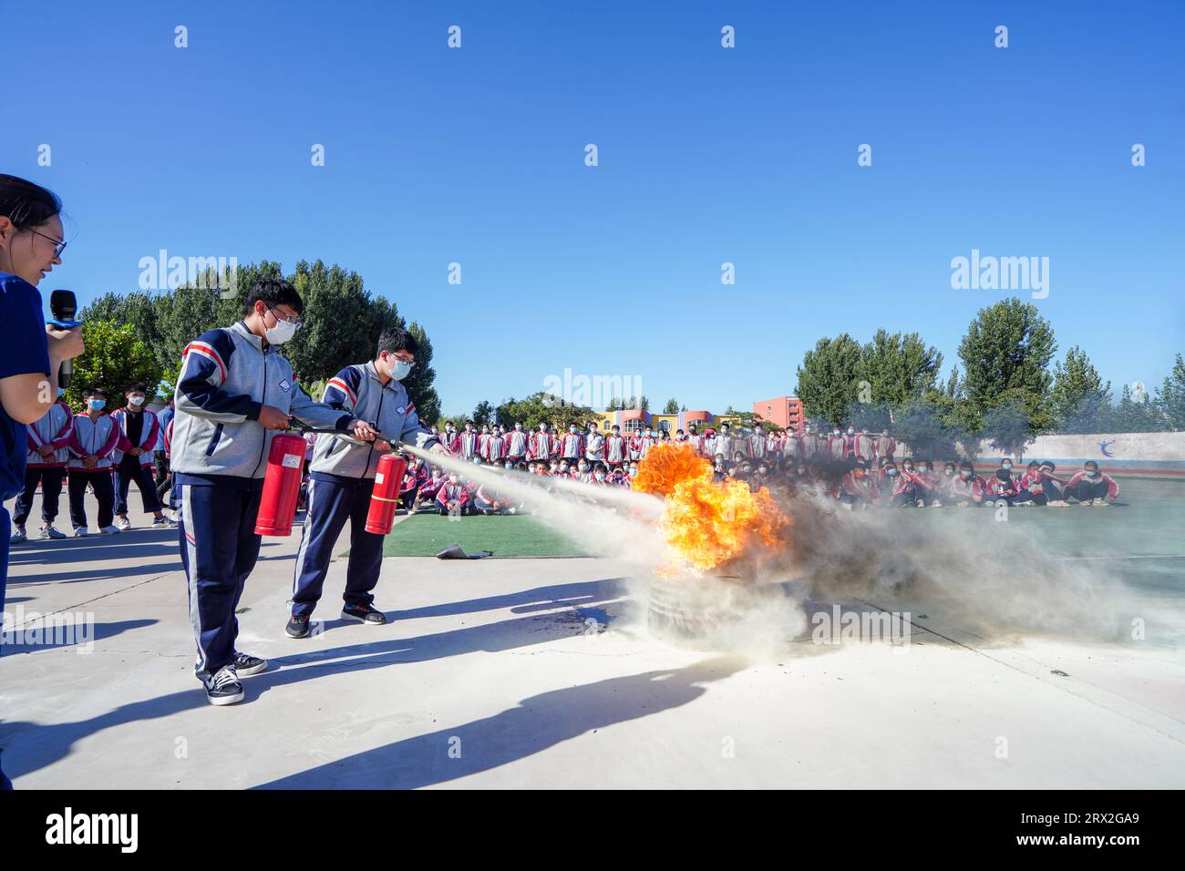 Luannan County, China - September 23, 2022: Firefighters guide students ...