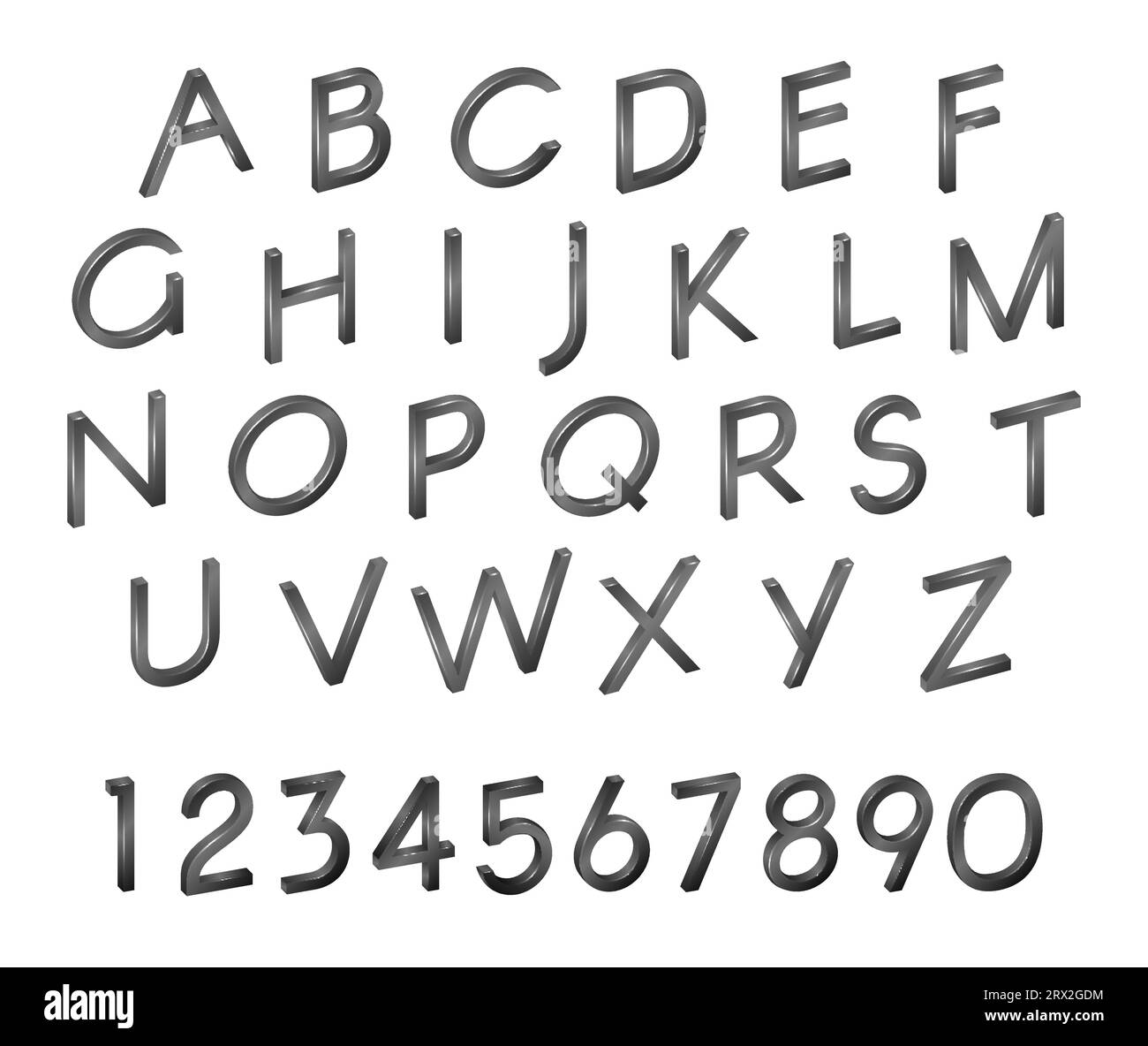 Alphabet, numbers, font isometry in green, in a realistic 3D style on a ...