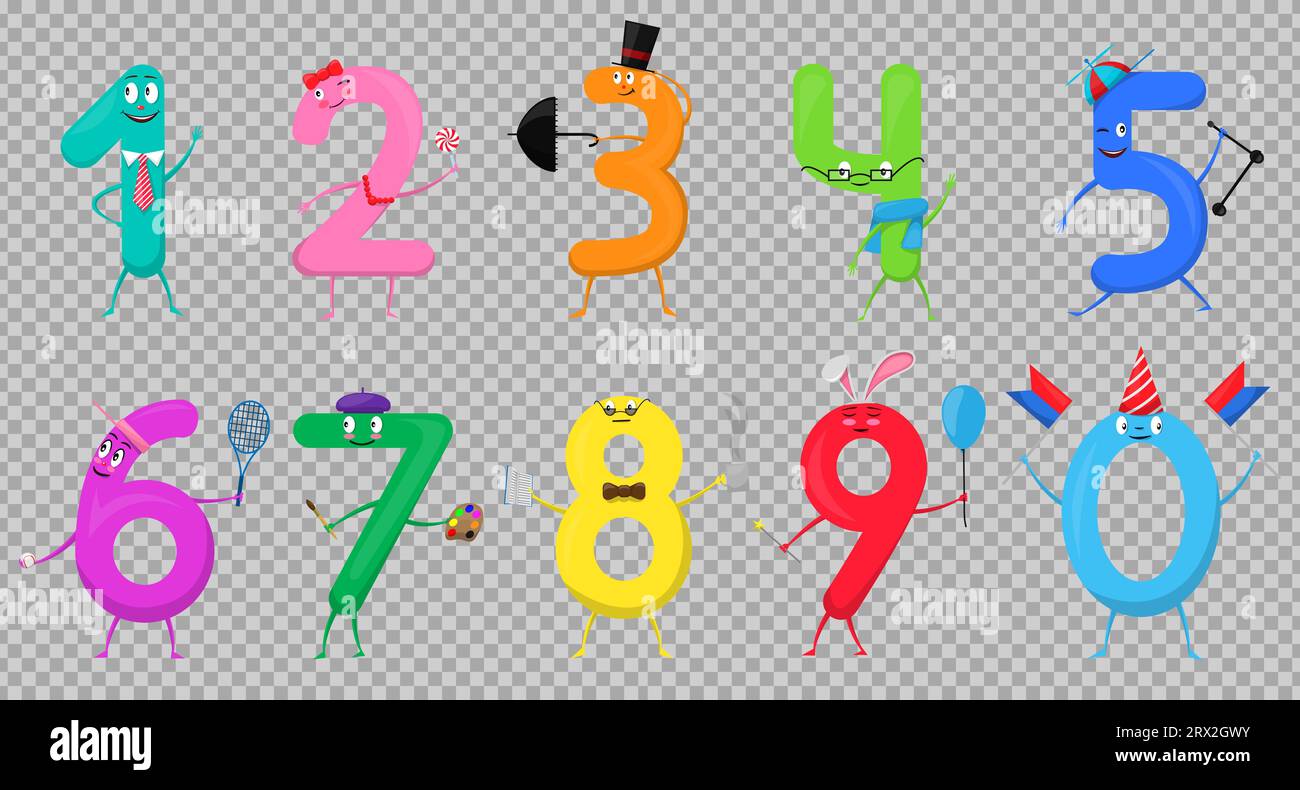 Cute fun colorful collection numbers in the form of various cartoon ...