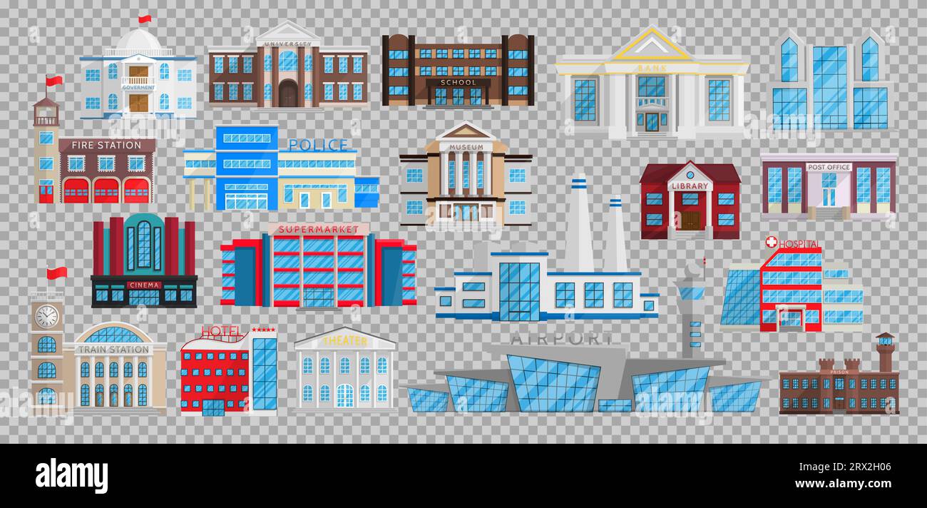 Buildings set isolated in Flat style vector. Municipal library, bank ...