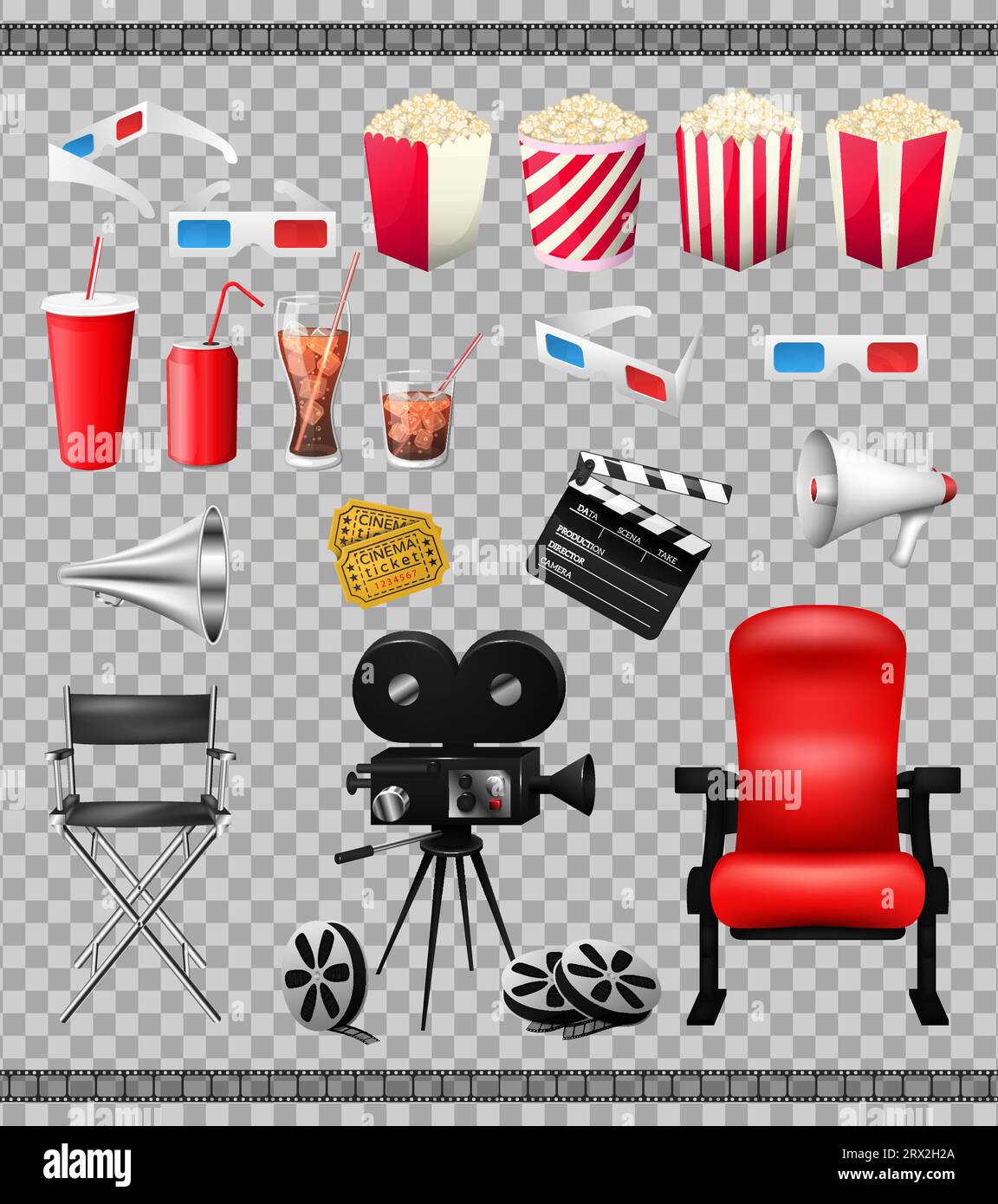 Big set of collection elements of cinema isolated on transparent ...