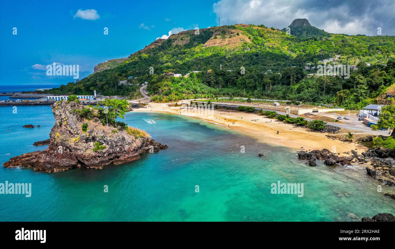 Aerial of Palmar beach on the island of Annobon, Equatorial Guinea ...
