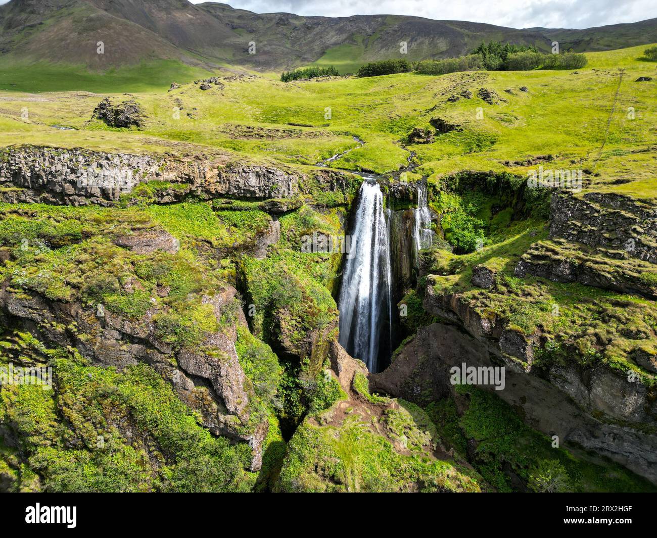Seljalandsfoss waterfall sorrounded by green grass and moss Stock Photo ...