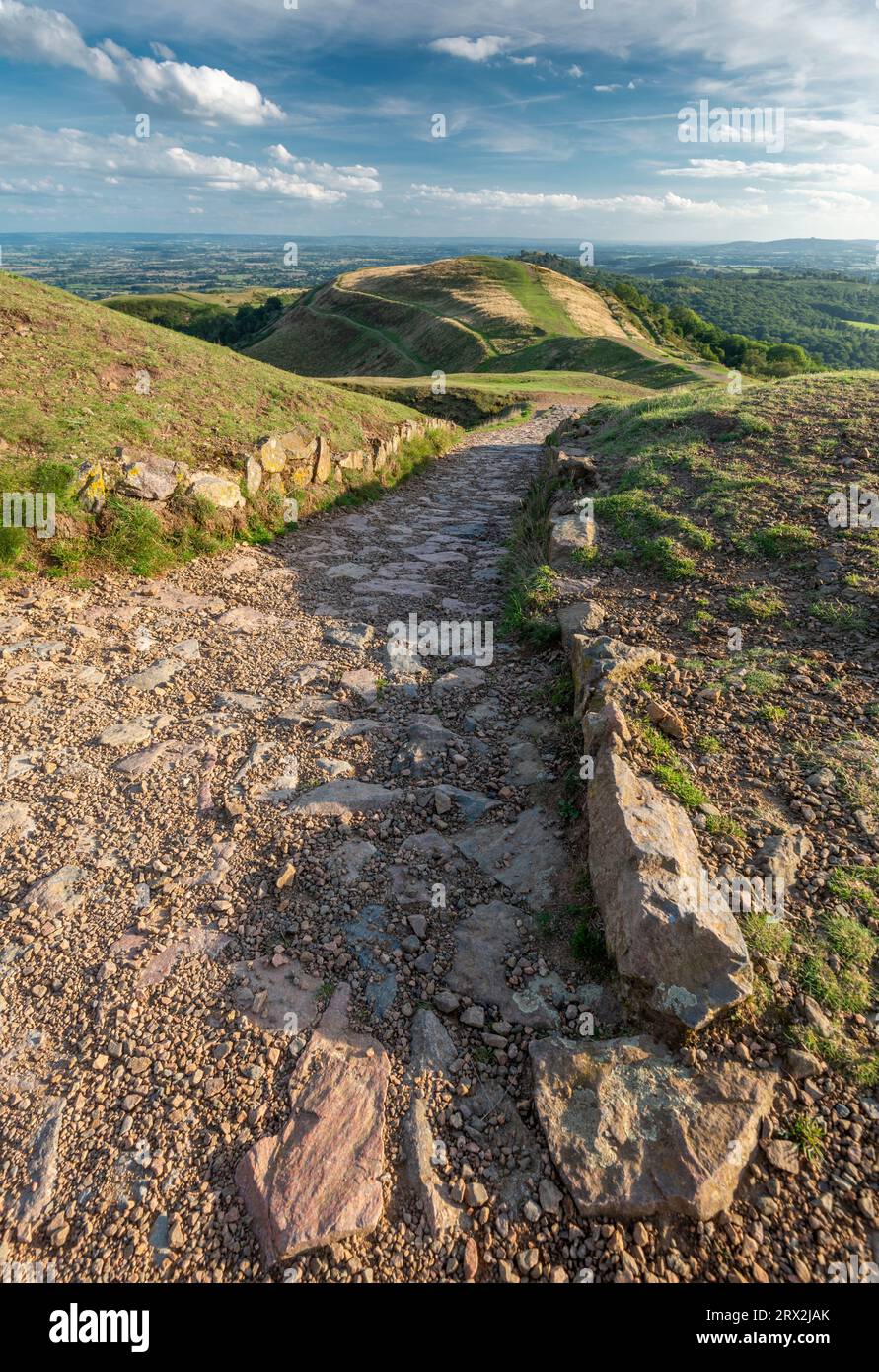 The south end of Malvern Hills,stone steps run down Hereford Beacon ...