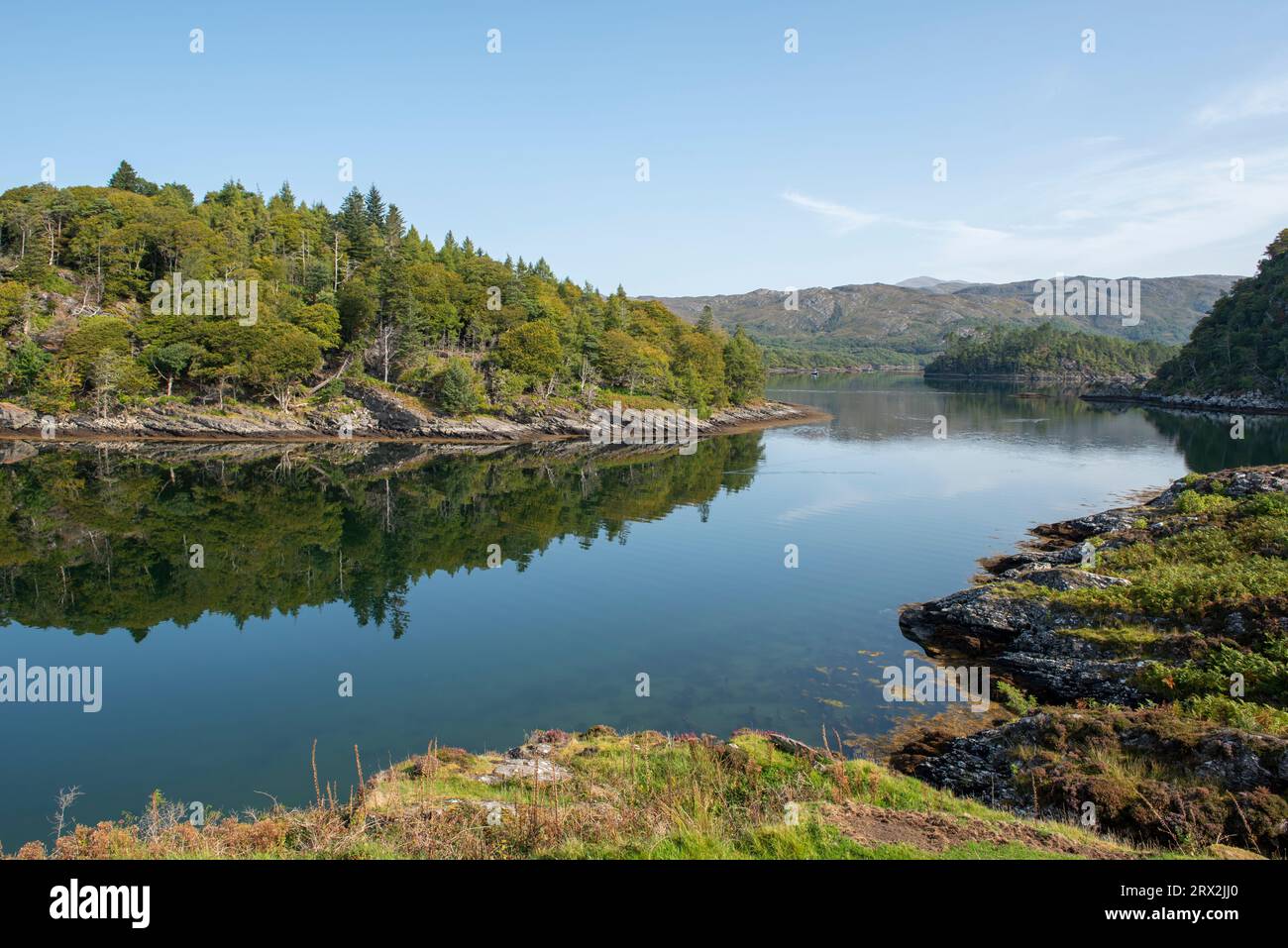 View from Tioram Castle of Loch Moidart reflections, Lochaber, Scotland ...