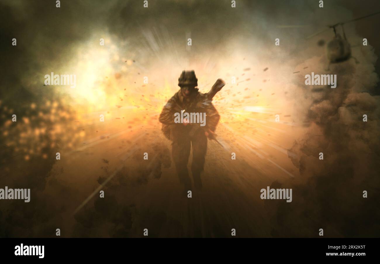 Man, soldier and run in explosion with battle, smoke or fire in overlay ...