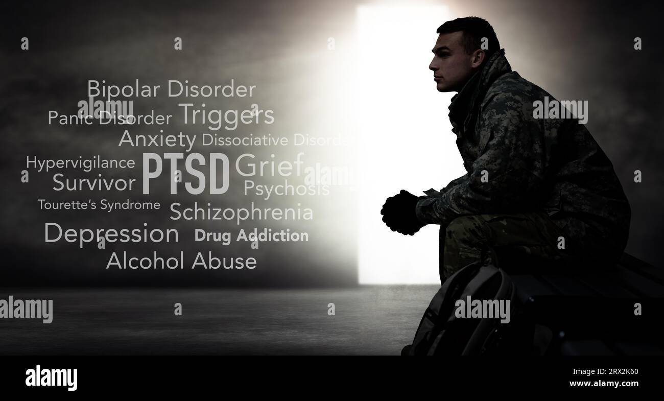 Soldier, words and overlay with anxiety, PTSD and psychology text of a ...
