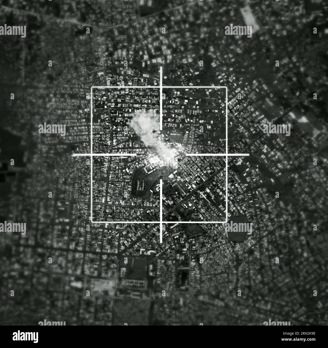 Satellite, bomb and target of missile in city for war, international ...