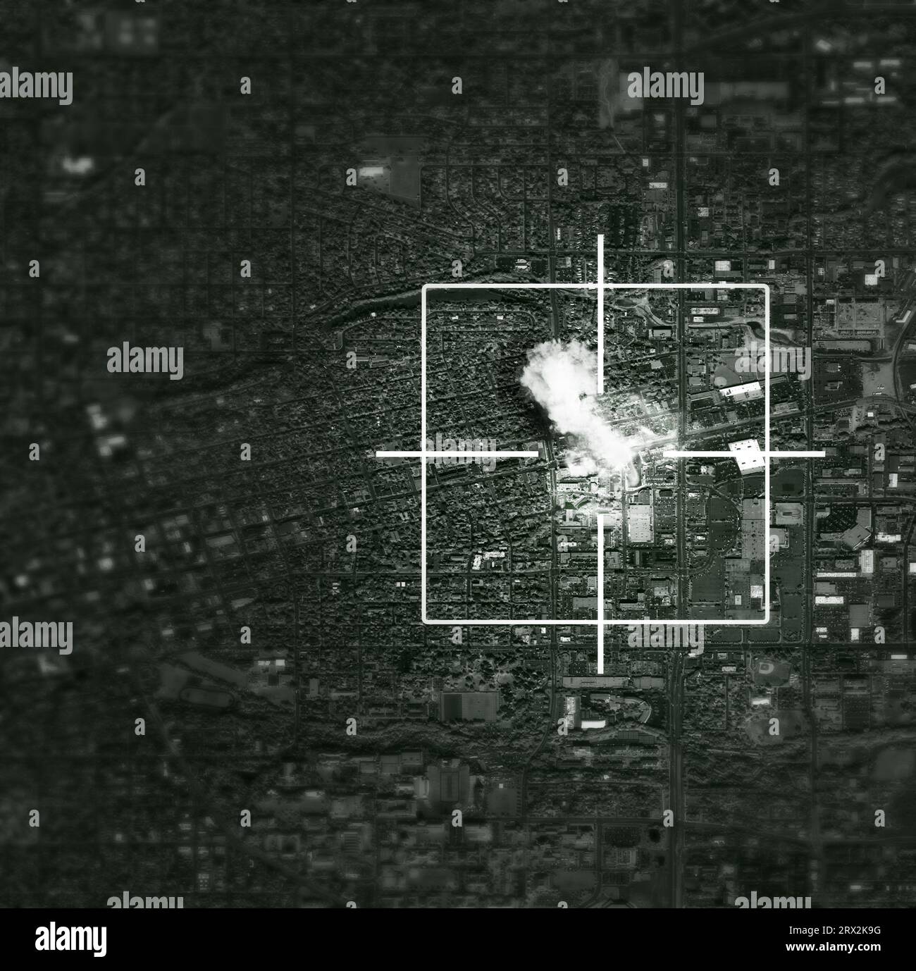 Satellite, bomb and target of missile on map for war, international ...