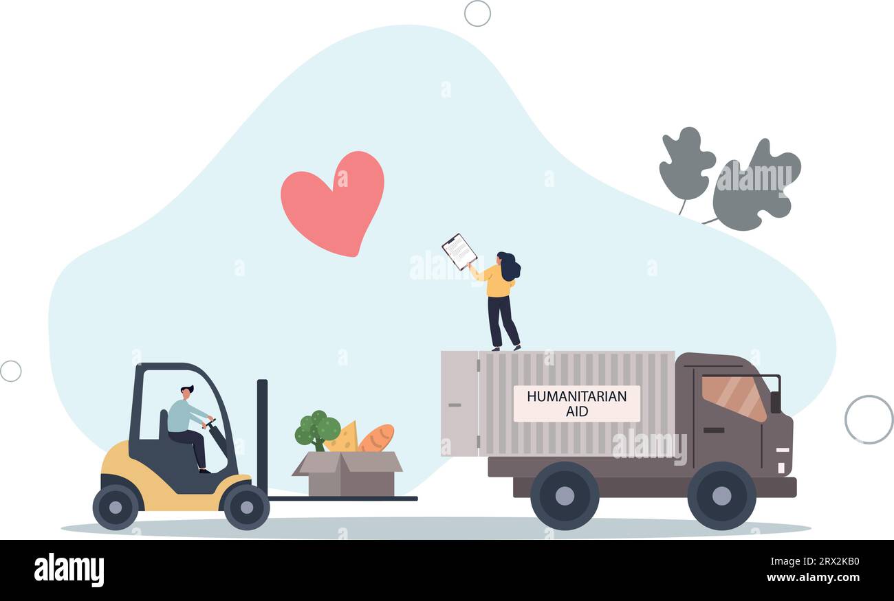 Cartoon tiny people loading boxes of humanitarian aid with forklift ...