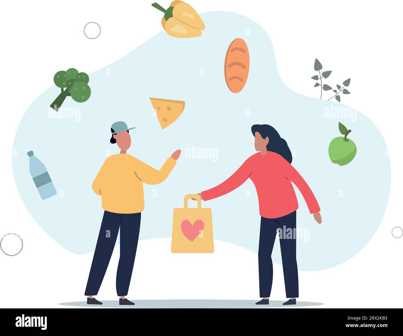 Volunteer giving paper bag with food to woman. Charity support.flat ...