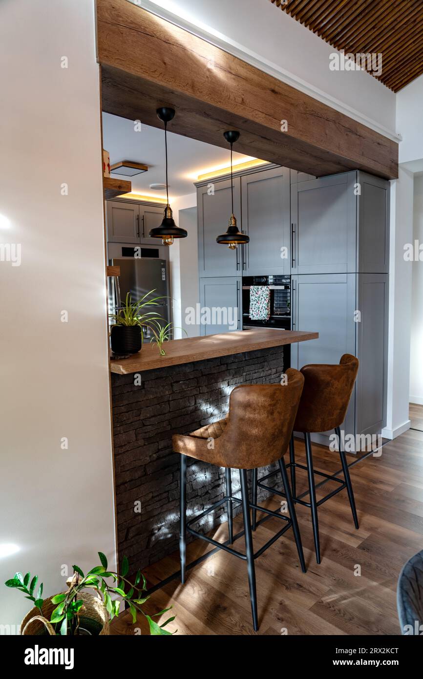 modern kitchen with nature vibe wooden rocky details and plants Stock ...