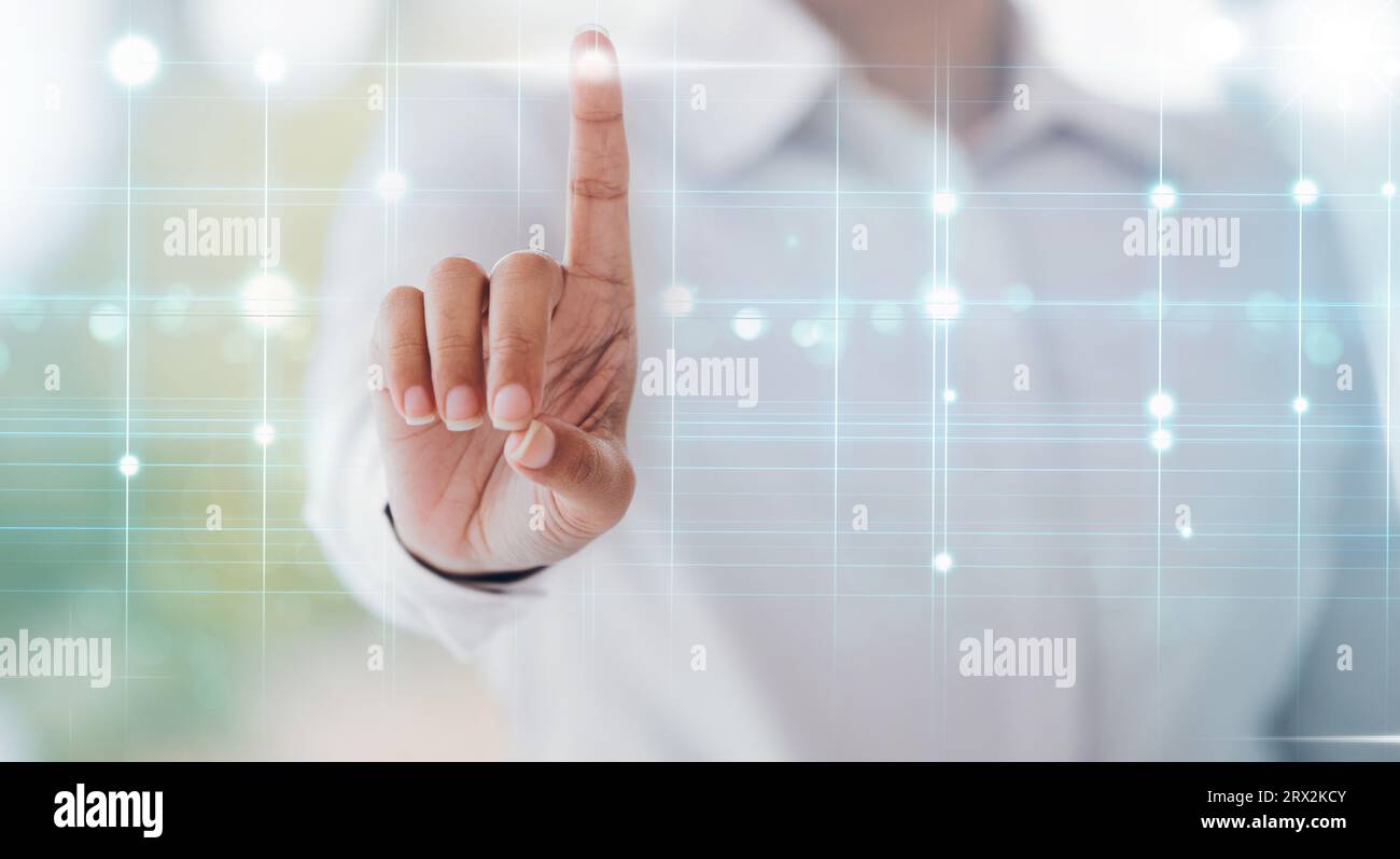 Finger, interface hologram and business person with hand gesture for ...