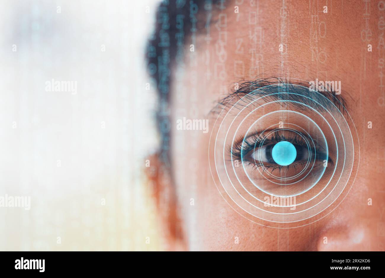 Cybersecurity, woman and eye scan portrait for facial recognition and ...