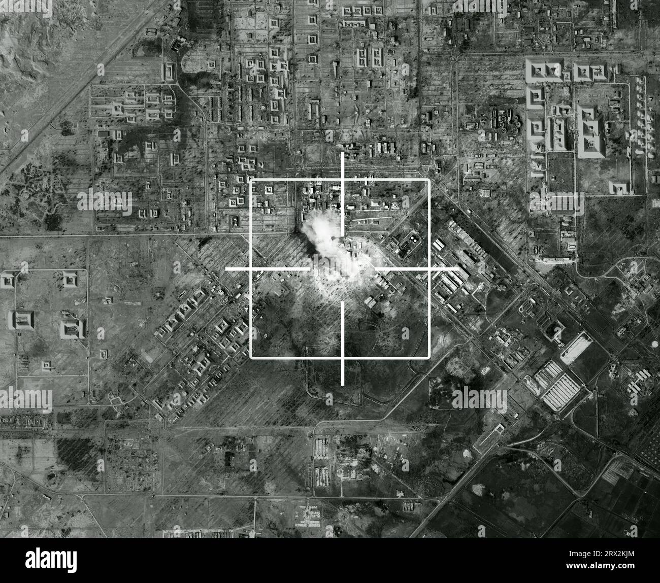 Satellite, bomb and target sign for missile in city for war ...