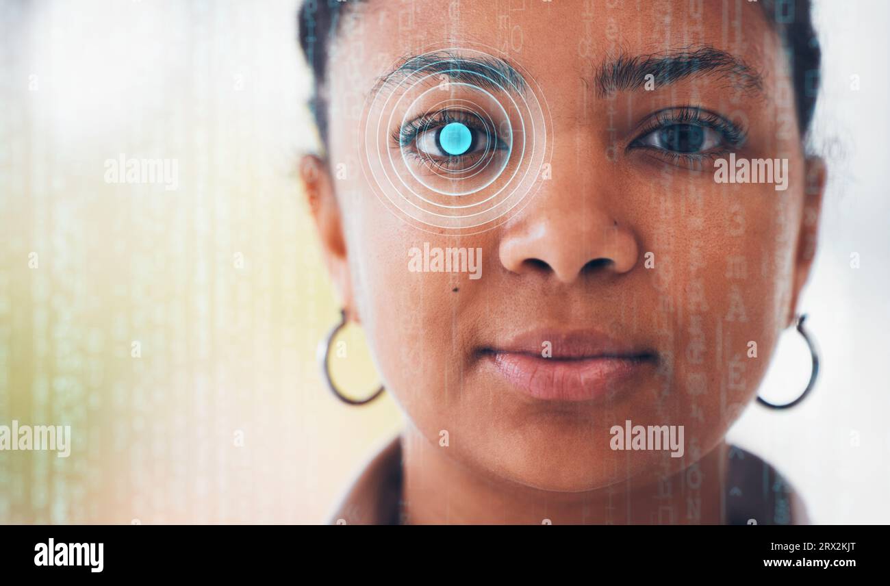 Cybersecurity Woman Portrait And Eye Scan For Facial Recognition And