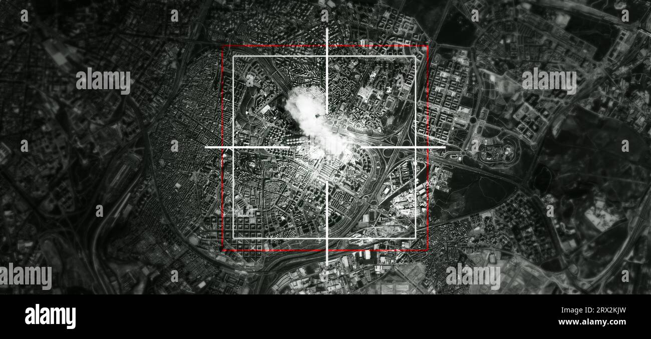 Satellite, launch and target of missile in city for war, international ...