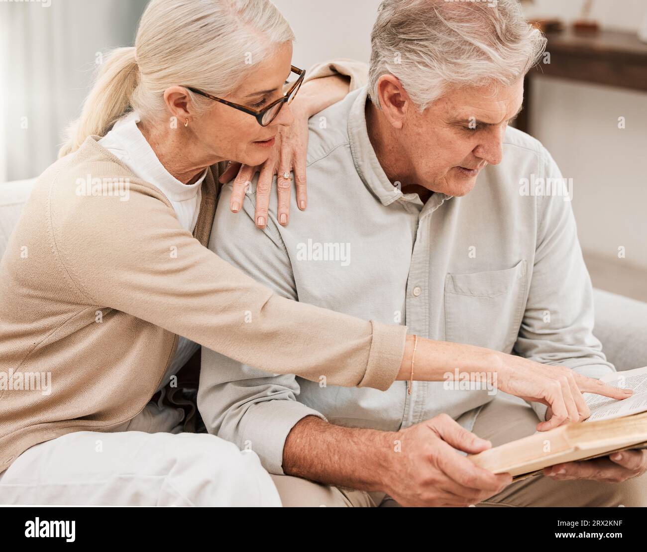 Old couple, Bible study and Christian faith with worship and reading ...