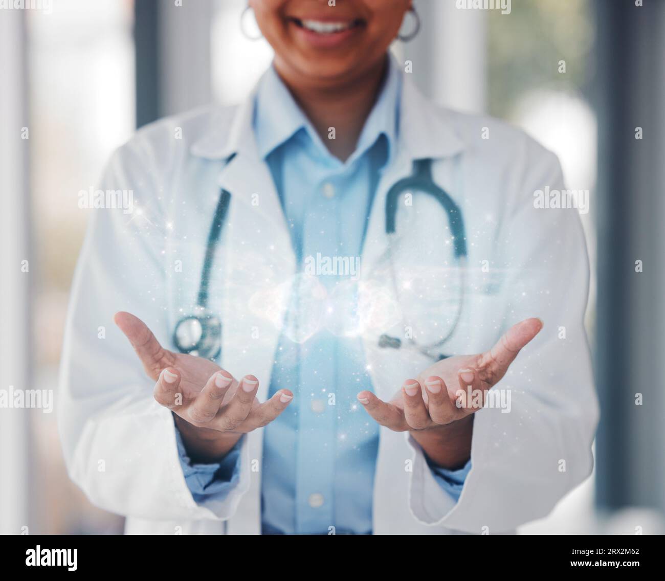 Hologram, doctor and hands in hospital for user interface, biometrics ...