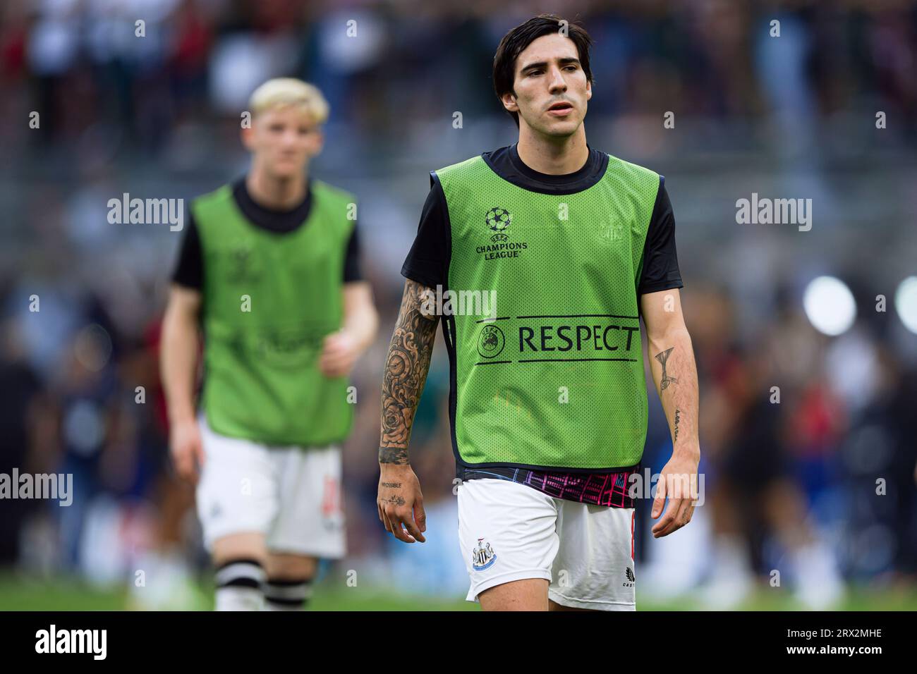 Sandro Tonali of Newcastle United FC looks on during warm up prior to ...