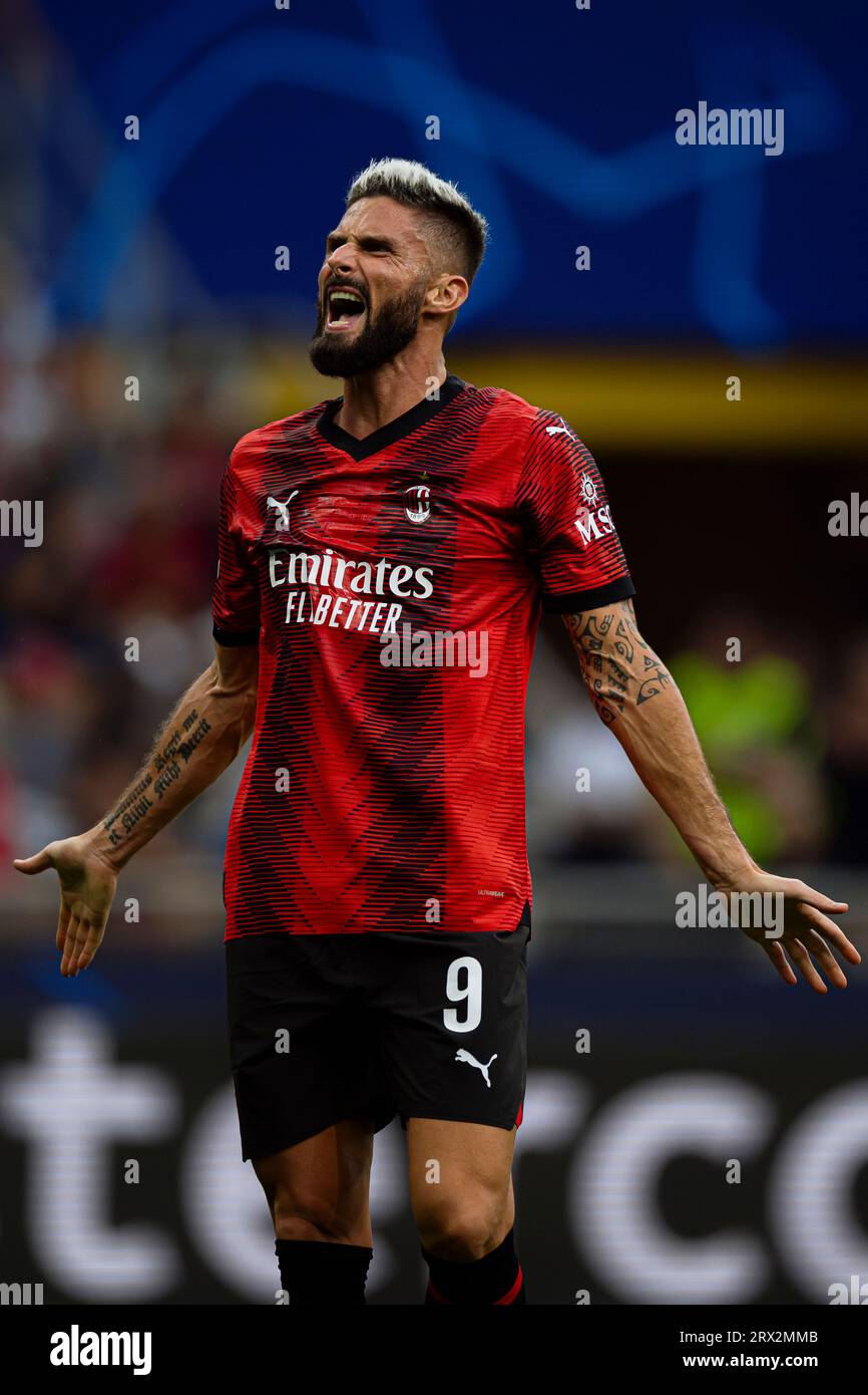Olivier Giroud of AC Milan gestures during the UEFA Champions League ...