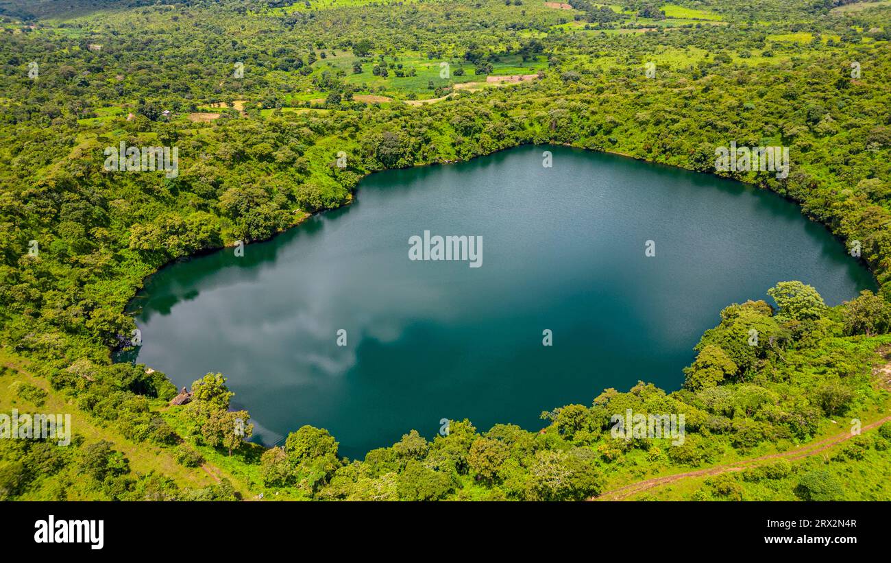 Aerial of Lake Tison, Ngaoundere, Adamawa region, Northern Cameroon ...