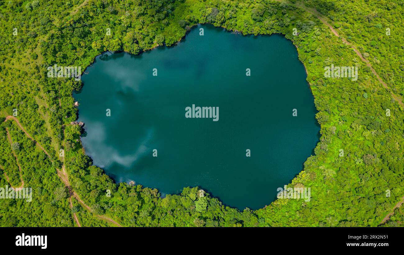 Aerial of Lake Tison, Ngaoundere, Adamawa region, Northern Cameroon ...