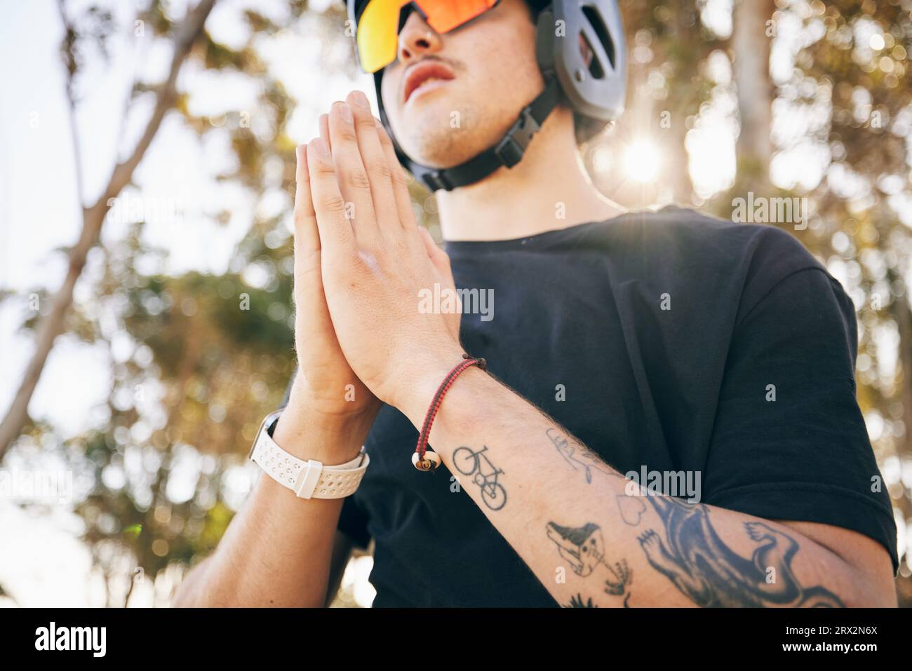 Man, hands and prayer with hiking in nature, mindfulness and meditation ...