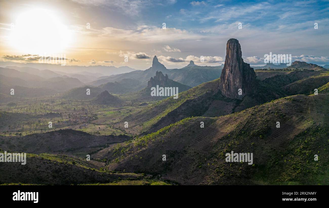 Aerial of Rhumsiki peak in the lunar landscape of Rhumsiki, Mandara ...