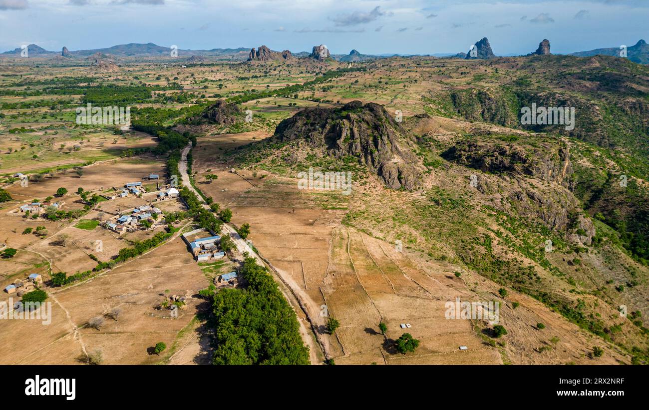 Aerial of Rhumsiki peak in the lunar landscape of Rhumsiki, Mandara ...