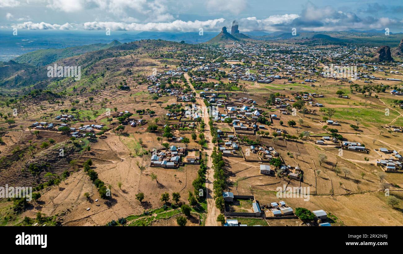 Aerial of Rhumsiki peak in the lunar landscape of Rhumsiki, Mandara ...