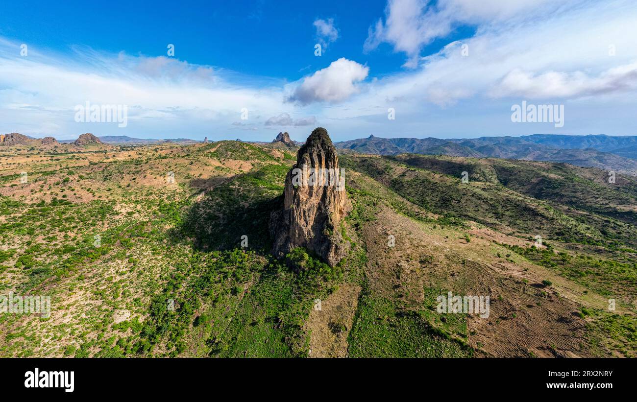 Aerial of Rhumsiki peak in the lunar landscape of Rhumsiki, Mandara ...