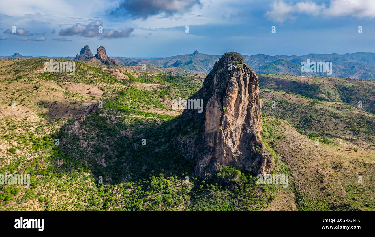 Aerial of Rhumsiki peak in the lunar landscape of Rhumsiki, Mandara ...