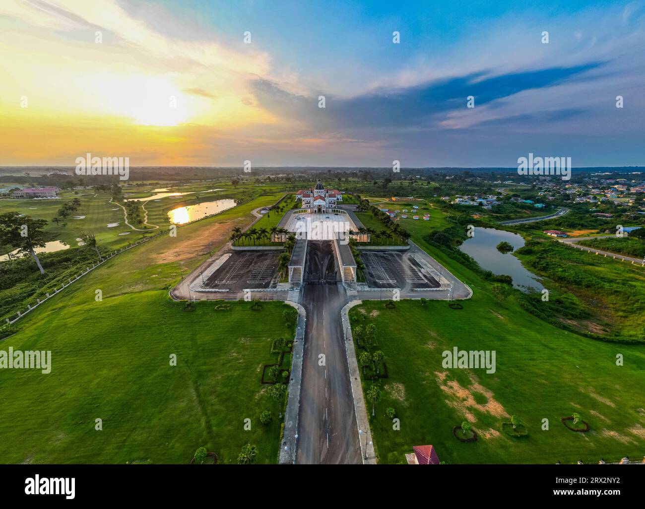 Aerial of the Basilica of the Immaculate Conception, Mongomo, Rio Muni ...