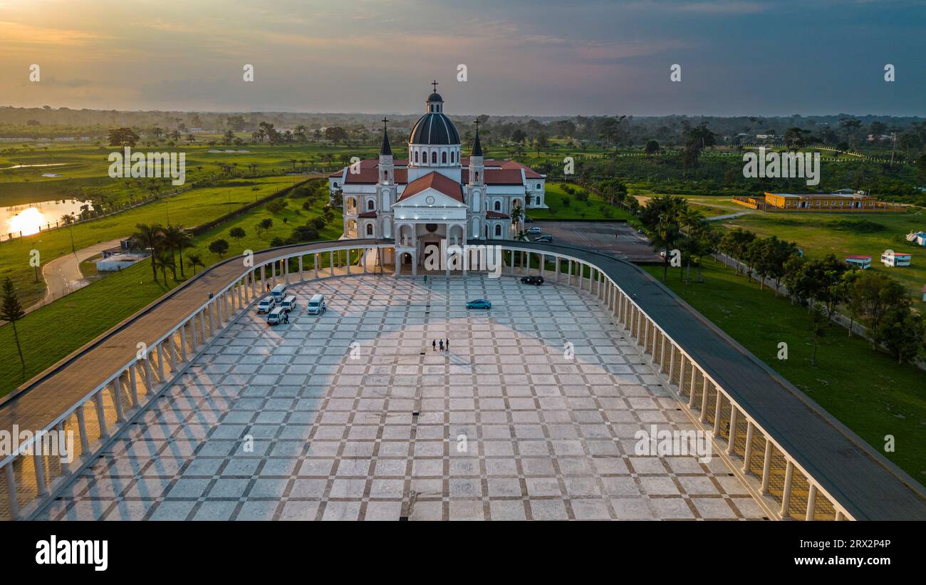 Aerial of the Basilica of the Immaculate Conception, Mongomo, Rio Muni ...