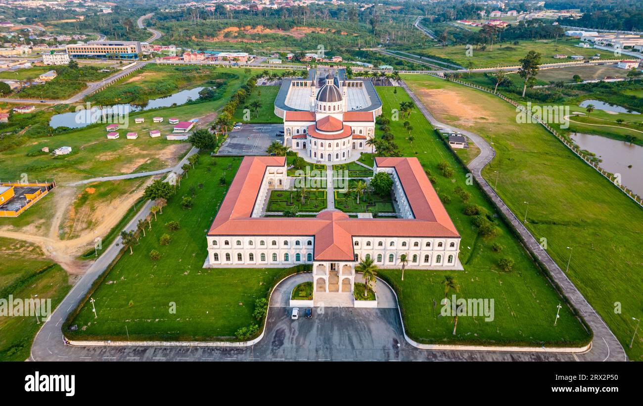Aerial of the Basilica of the Immaculate Conception, Mongomo, Rio Muni ...