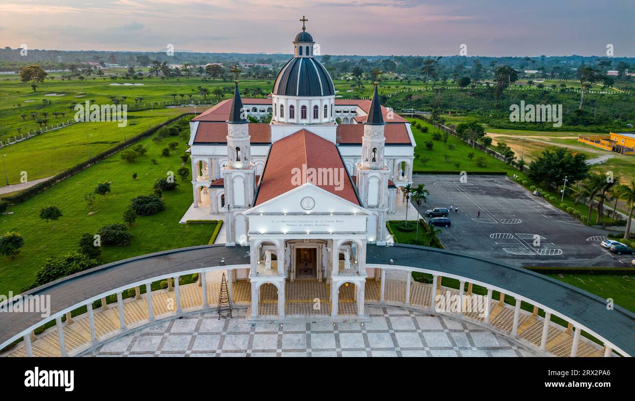 Aerial of the Basilica of the Immaculate Conception, Mongomo, Rio Muni ...
