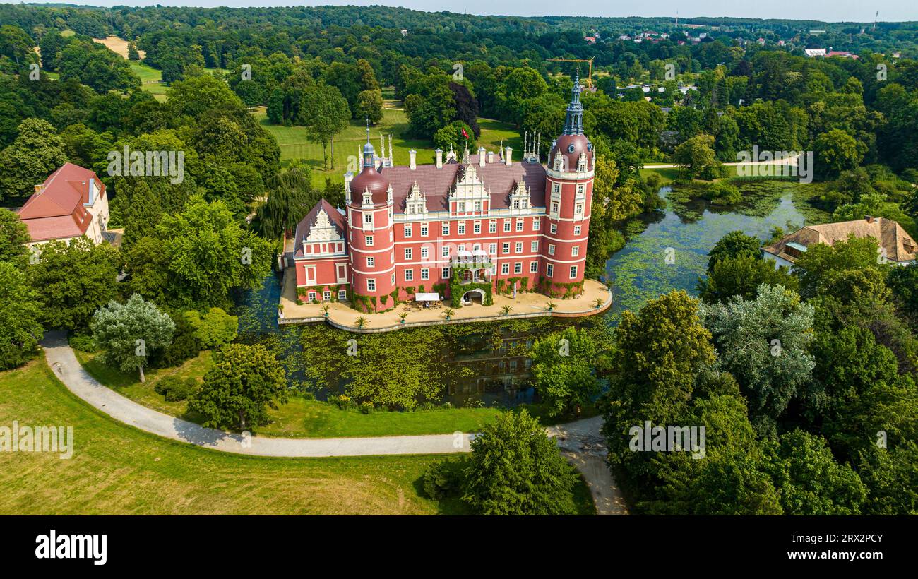 Aerial of Muskau Castle, Muskau (Muskauer) Park, UNESCO World Heritage ...